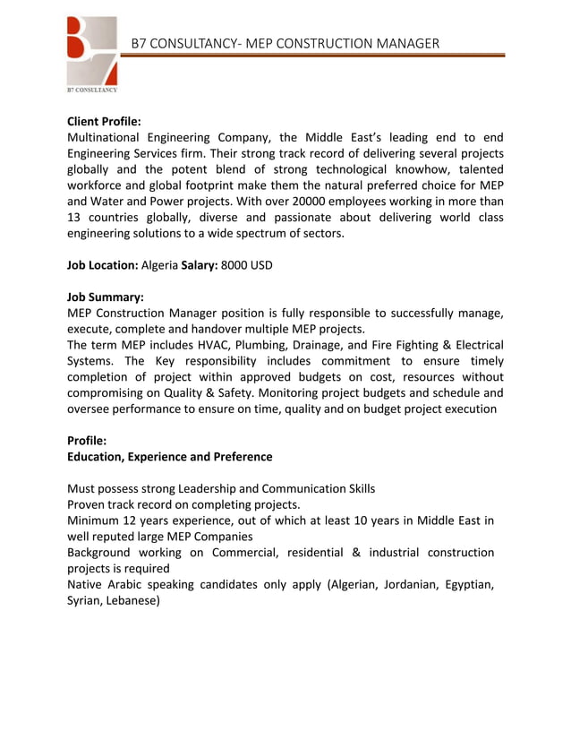 MEP Construction Manager - JD | PDF