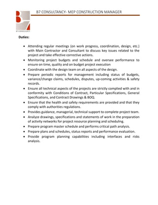 MEP Construction Manager - JD | PDF