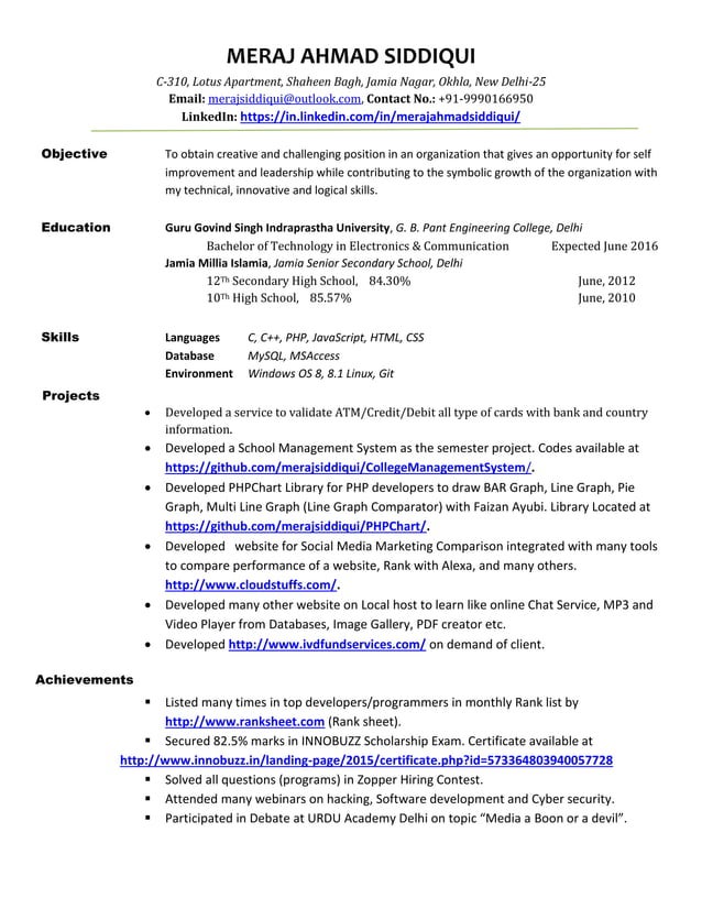Meraj Ahmad Siddiqui Resume | PDF | Technology & Computing