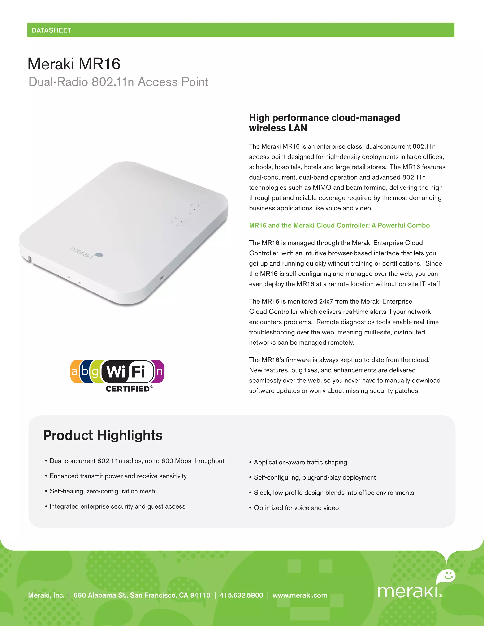 Meraki Datasheet MR16 | PDF