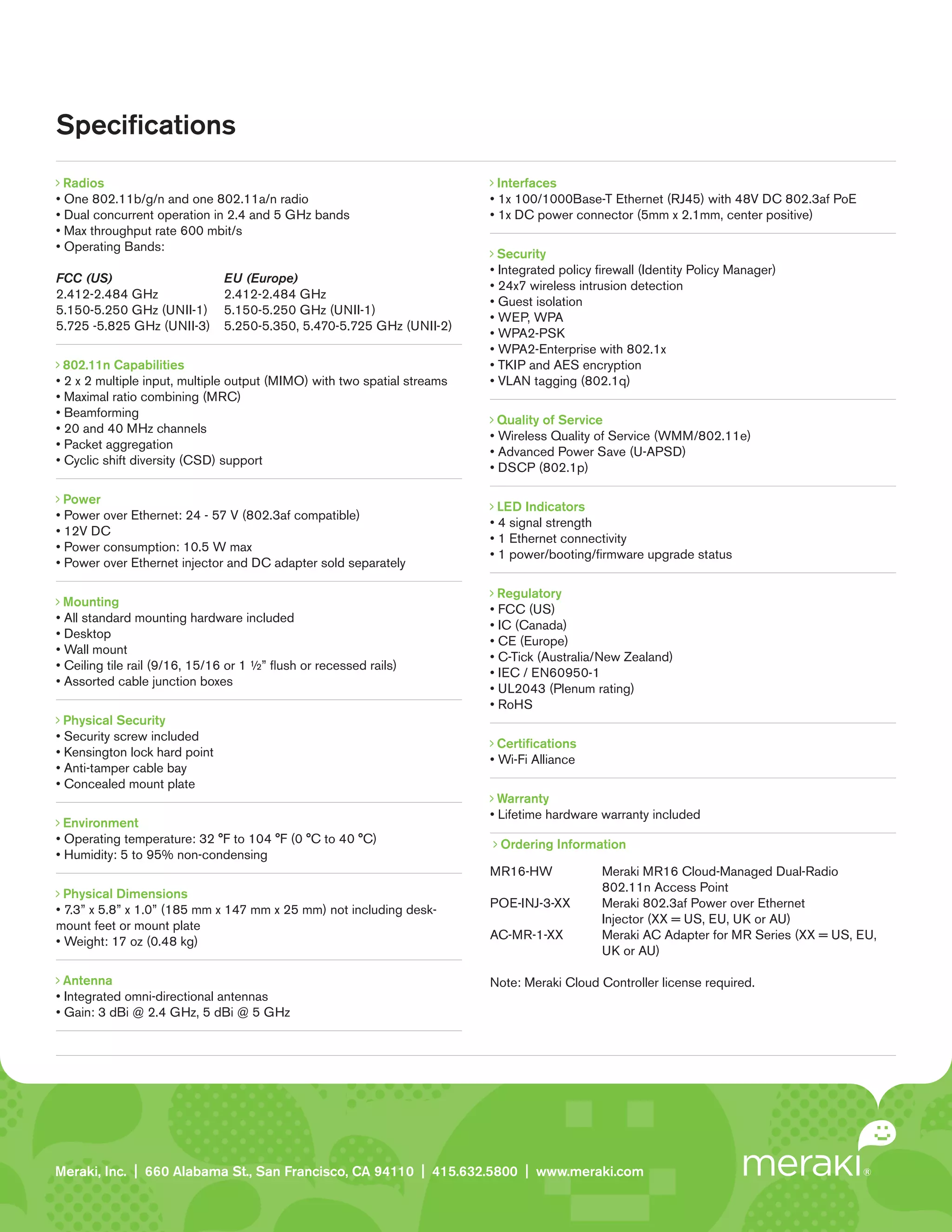 Meraki Datasheet MR16 | PDF
