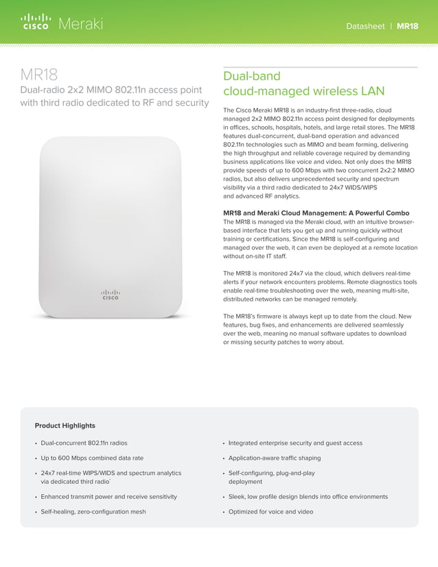 Meraki datasheet mr18 | PDF