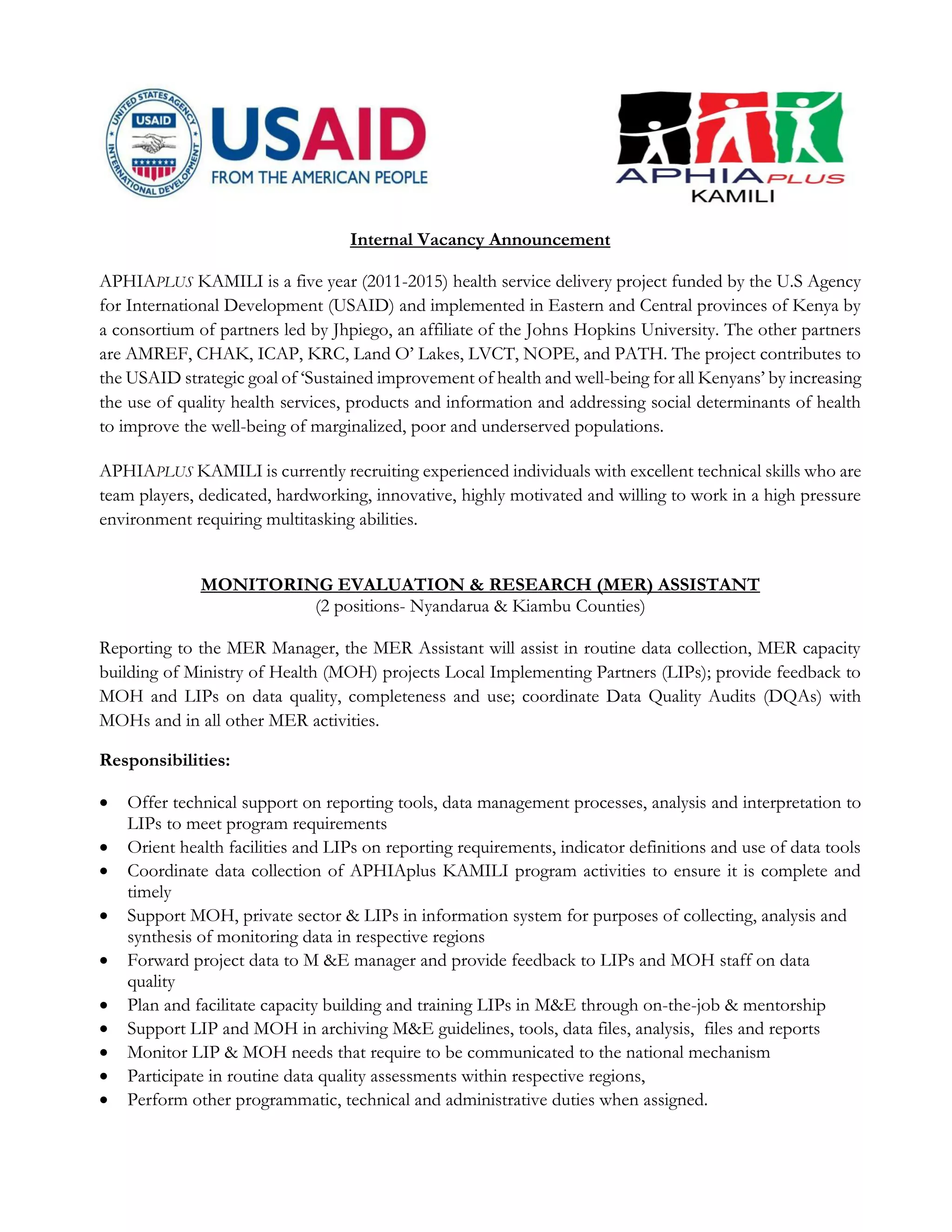 Monitoring and Evaluation Assistant Vacancy | PDF