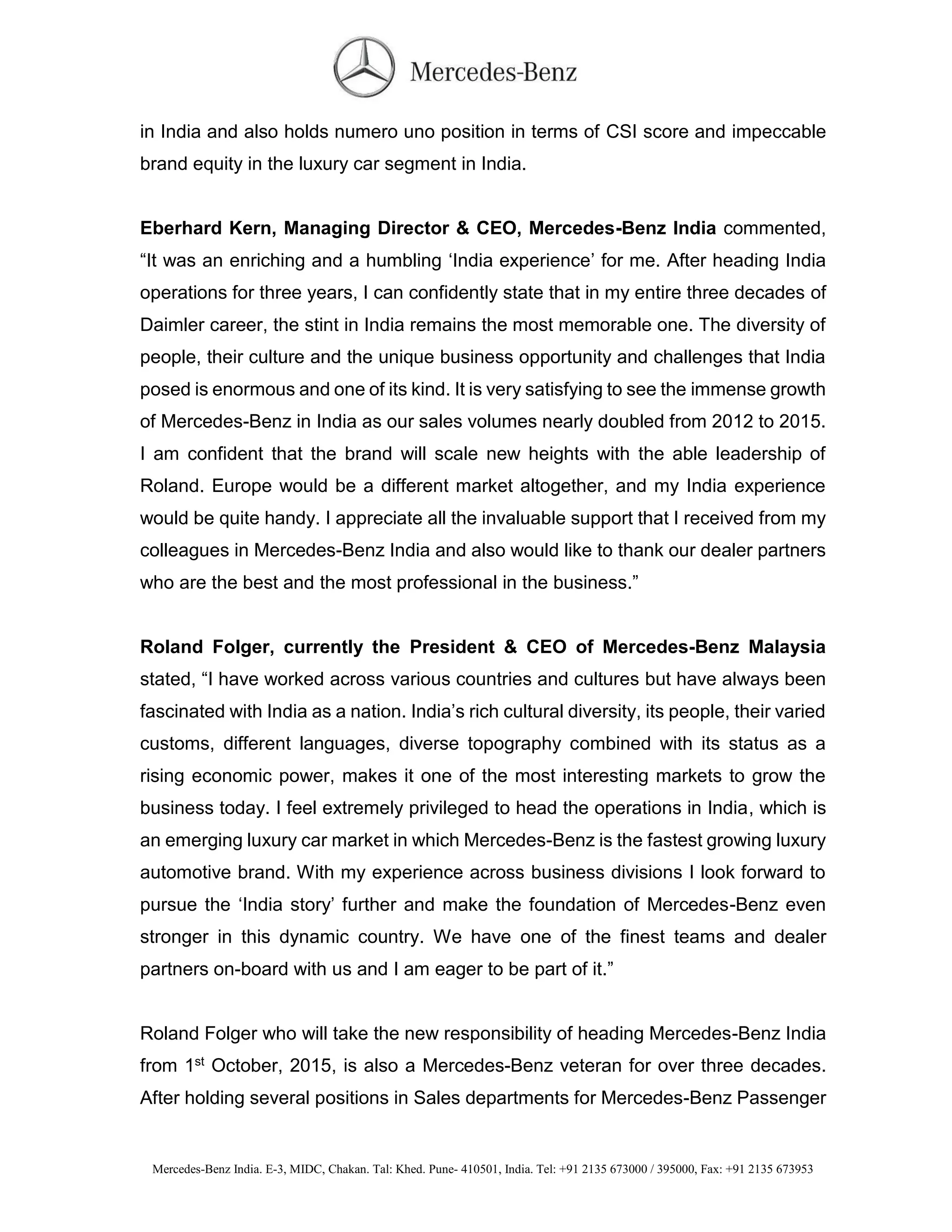 Mercedes Benz India new MD CEO PRess release | PDF