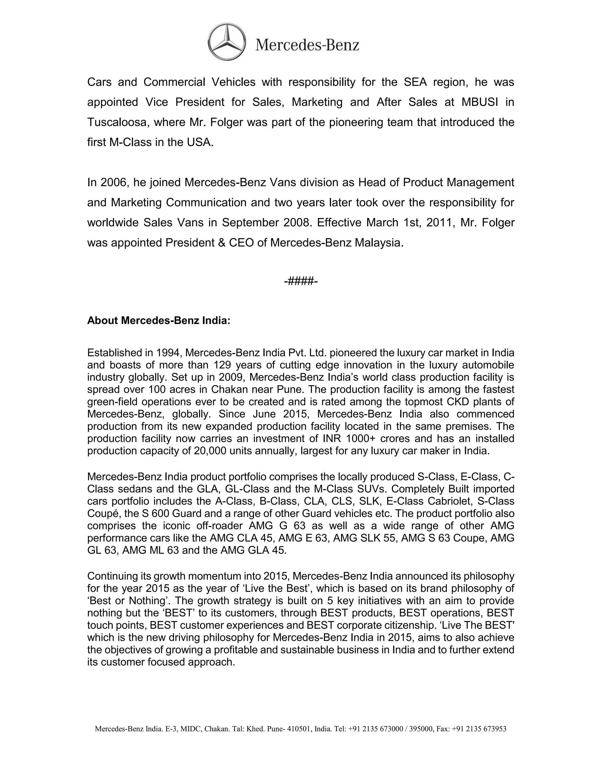 Mercedes Benz India new MD CEO PRess release | PDF