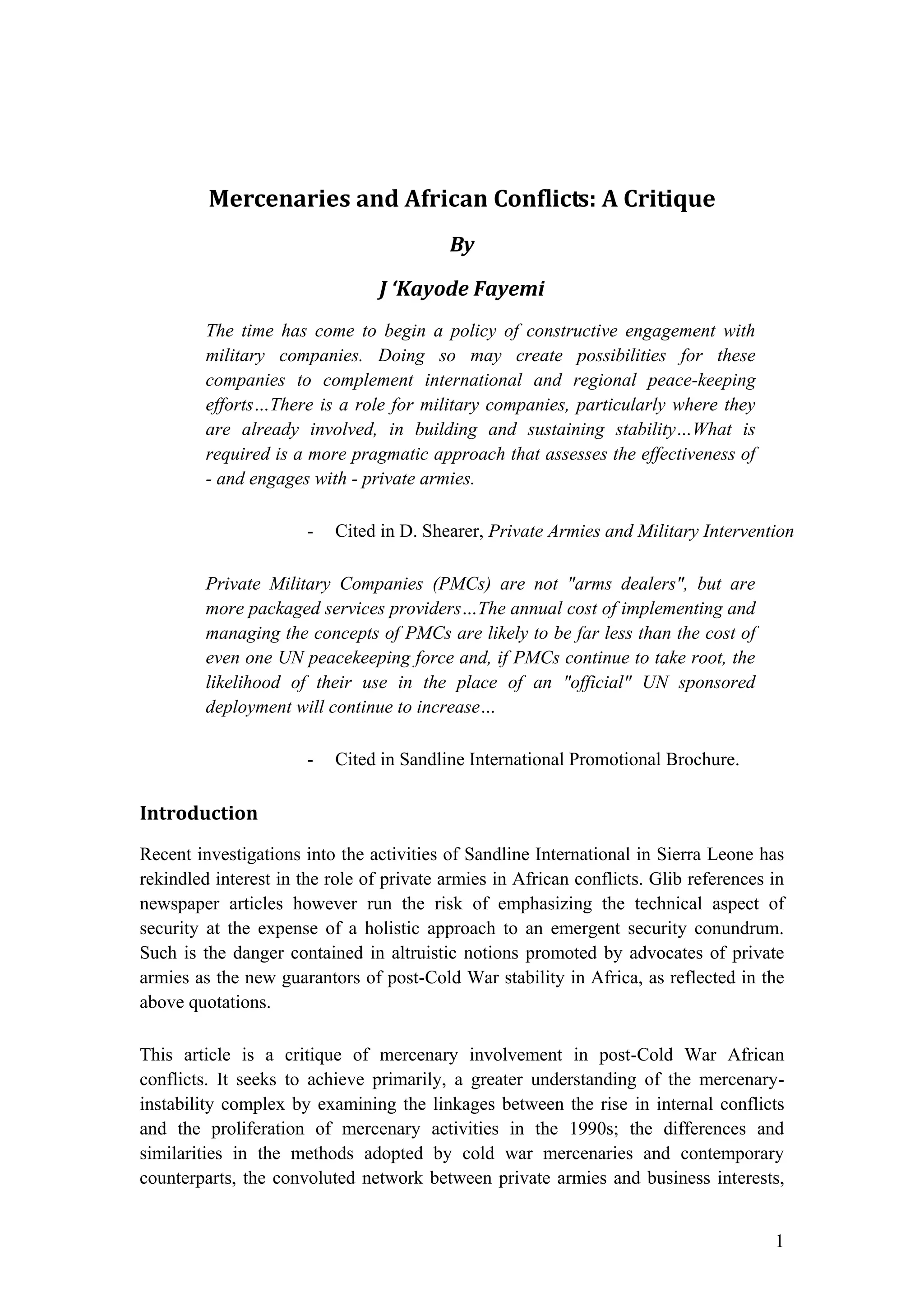 Mercenaries and African Conflicts: A Critique | PDF
