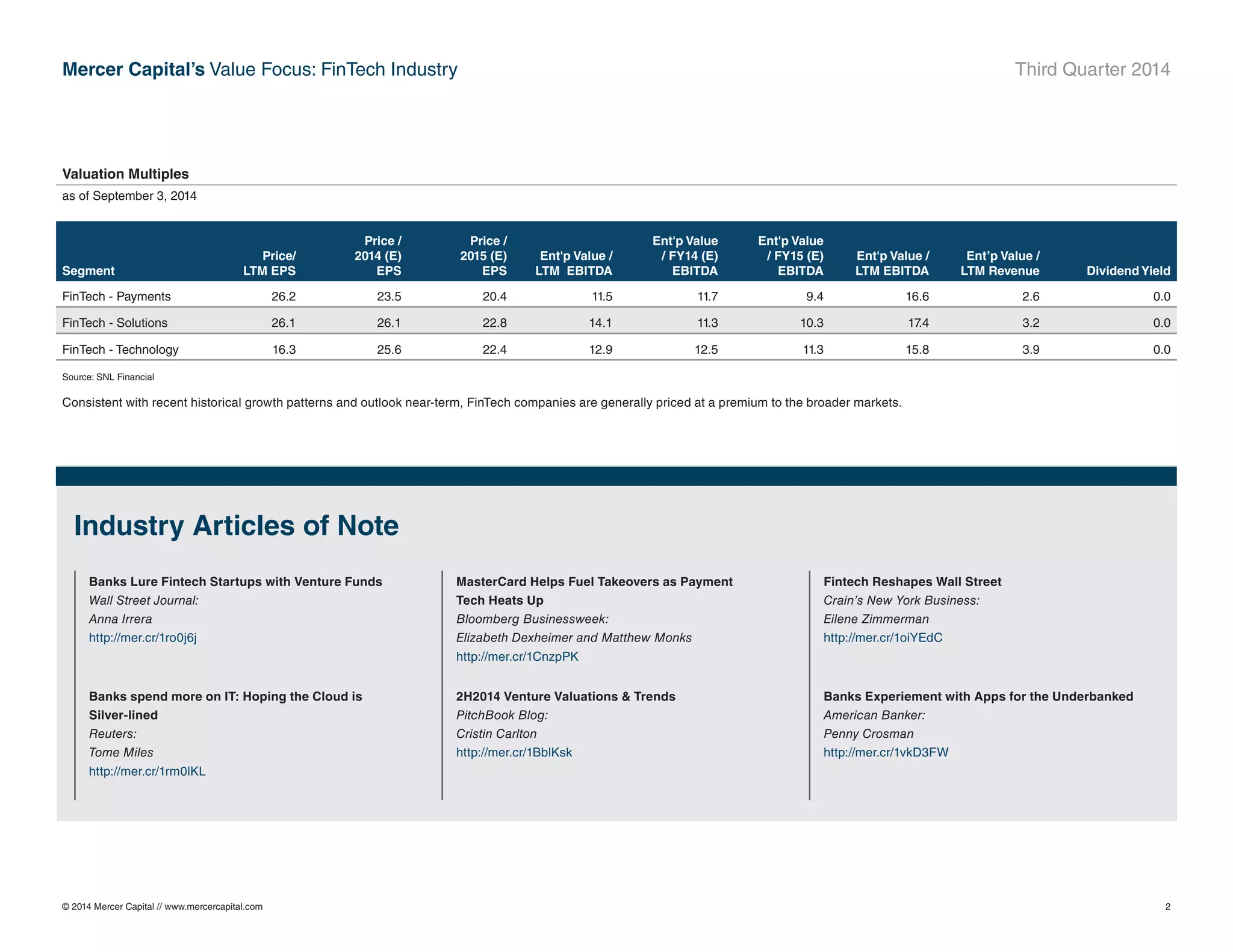 Mercer Capital's Value Focus: FinTech Industry | Q3 2014 | Segment ...