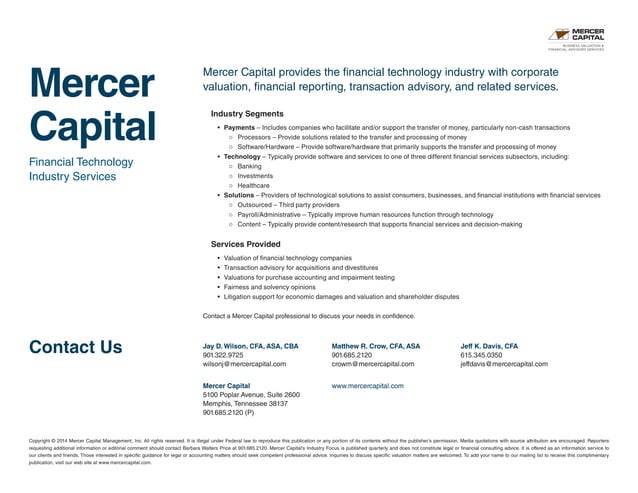 Mercer Capital's Value Focus: FinTech Industry | Q3 2014 | Segment ...