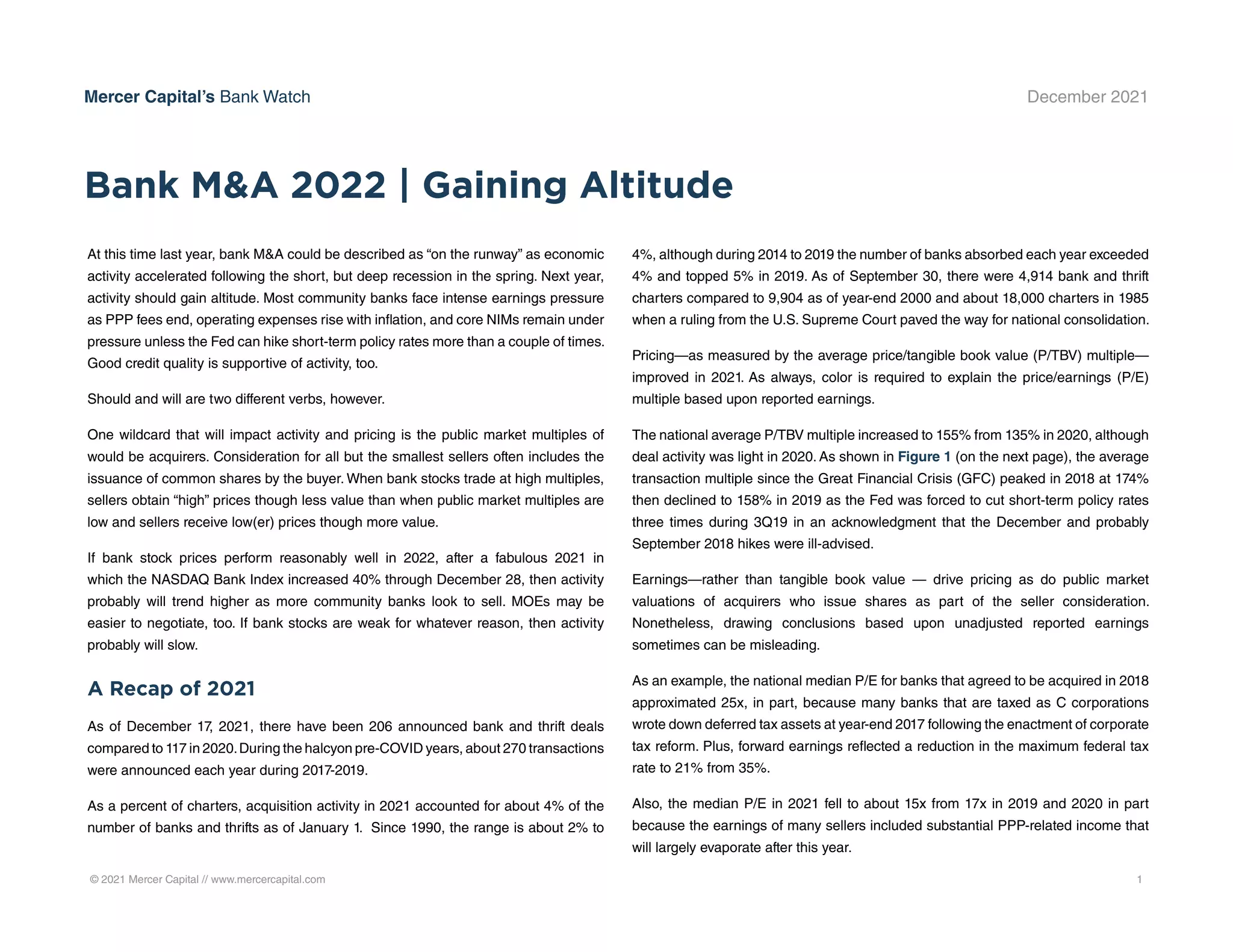 Mercer Capital's Bank Watch | December 2021 | Bank M&A 2022 | Gaining Altitude | PPT