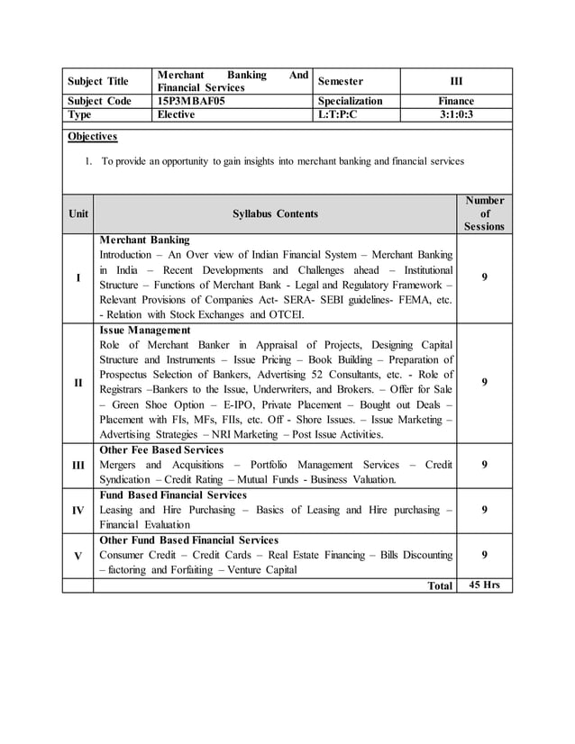 Merchant banking syllabus | DOCX
