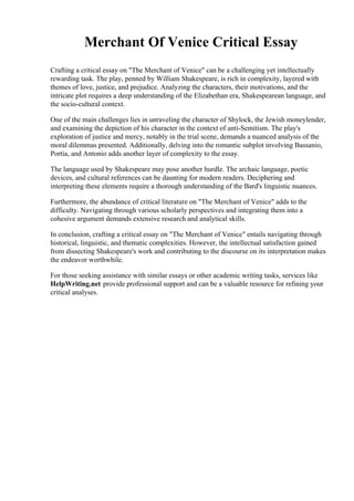 Merchant Of Venice Critical Essay. Universal Training Institute | PDF