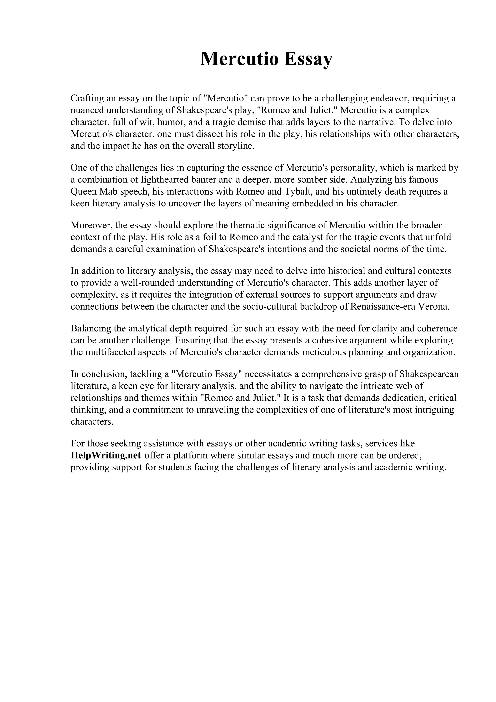 Mercutio Essay. South Dakota School of Mines and Technology | PDF