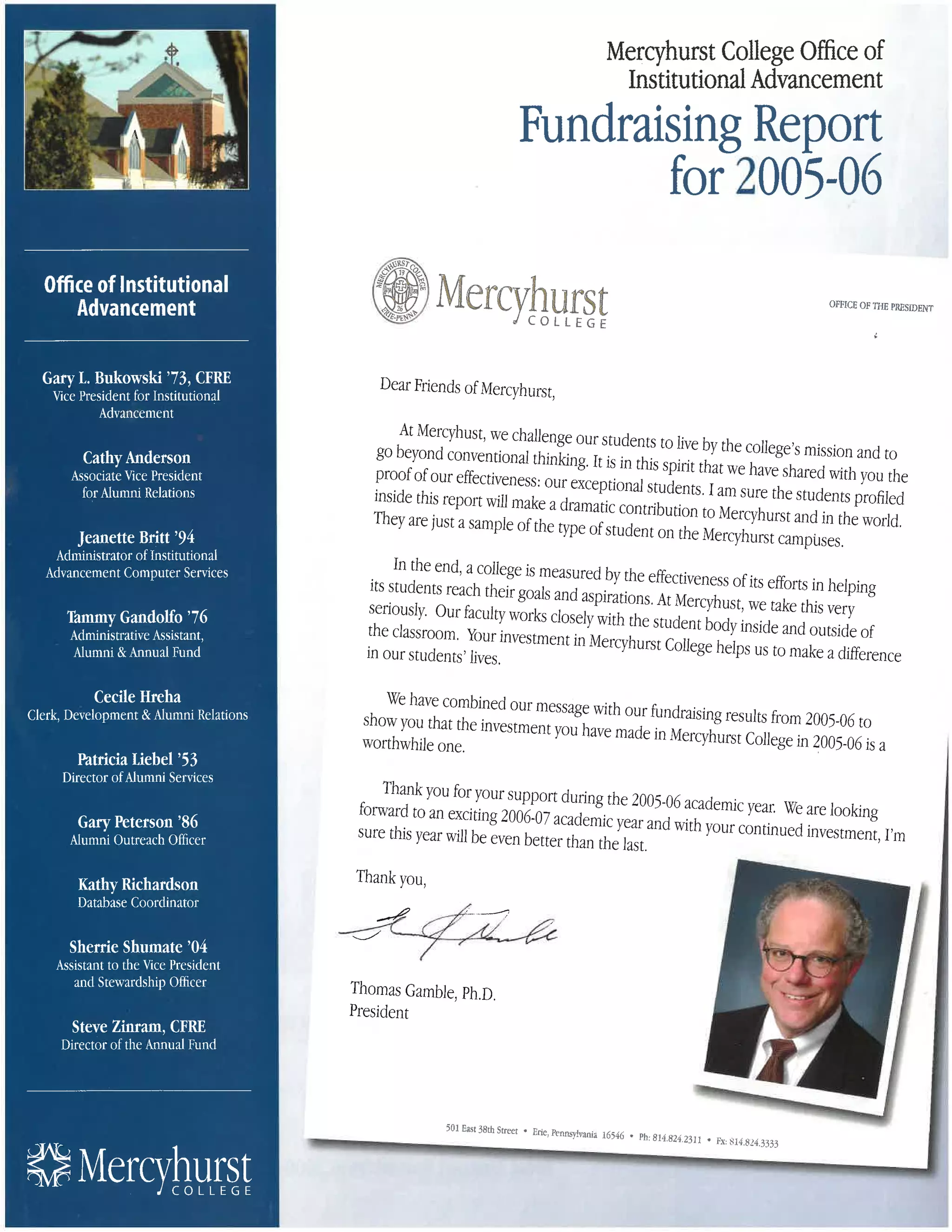 Mercyhurst College Office of Institutional Advancement Fundraising ...