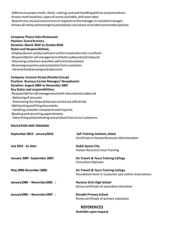 Mercy ruku cv | DOCX | Hospitality Industry | Industries