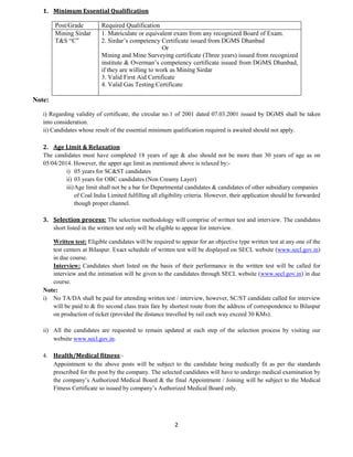 South Eastern Coalfields Limited : Recruitment of Mining Sirdar | PDF