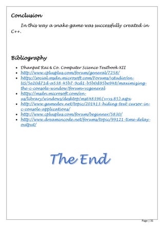 Computer Project For Class XII Topic - The Snake Game | PDF