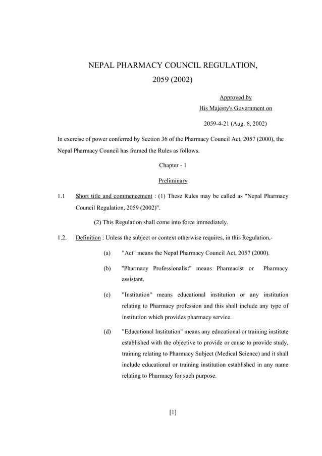 NEPAL PHARMACY COUNCIL REGULATION, 2059 (2002) | PDF | Law