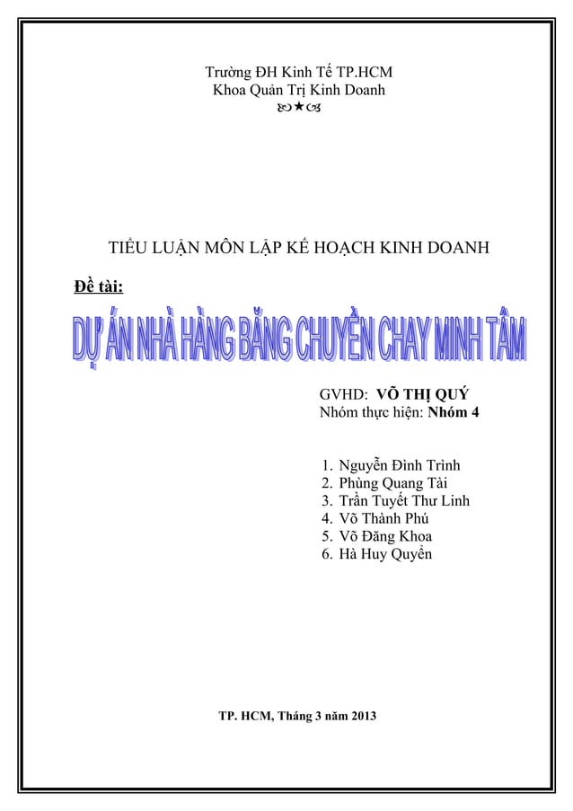 luận văn TIỂU LUẬN MÔN LẬP KẾ HOẠCH KINH DOANH dự án nhà hàng băng chuyền chay minh tâm | PDF