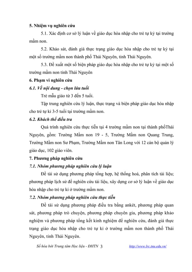 Luận văn: Biện pháp giáo dục hòa nhập cho trẻ tự kỷ tuổi mầm non tại thành phố Thái Nguyên | PDF