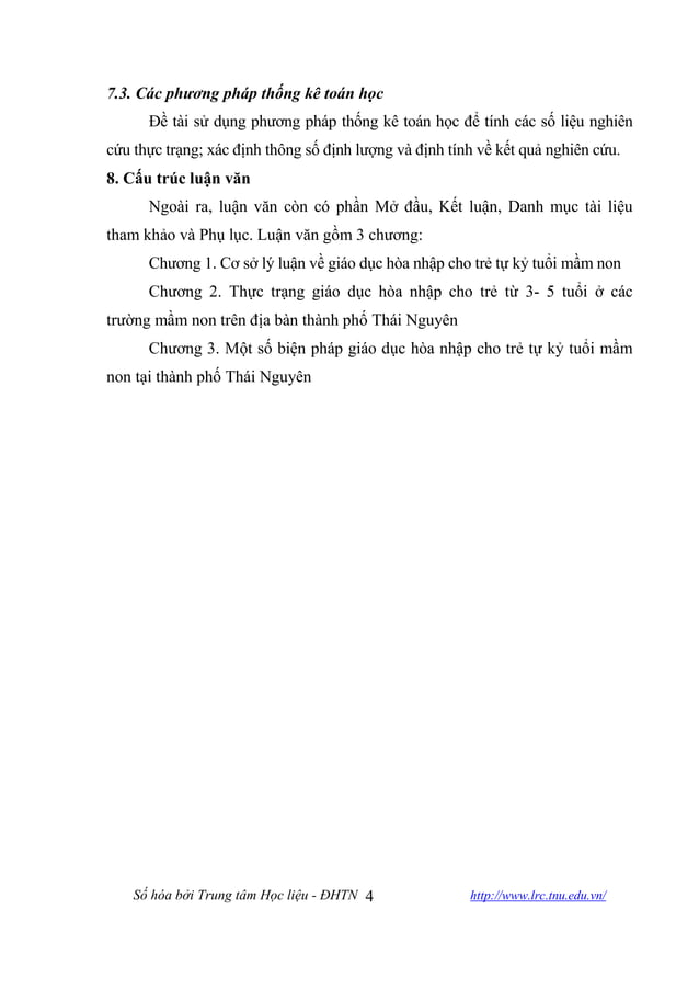 Luận văn: Biện pháp giáo dục hòa nhập cho trẻ tự kỷ tuổi mầm non tại thành phố Thái Nguyên | PDF