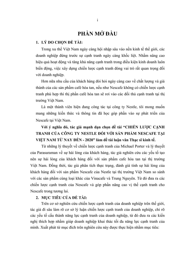 Luận văn: Chiến lược cạnh tranh của công ty Nestle Việt Nam đối với sản phẩm Nescafe tại Việt ...
