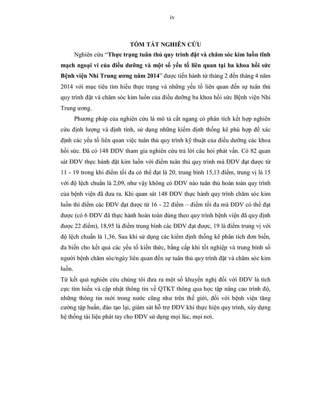 Luận văn: Thực trạng tuân thủ quy trình đặt và chăm sóc kim luồn tĩnh mạch ngoại vi của điều ...
