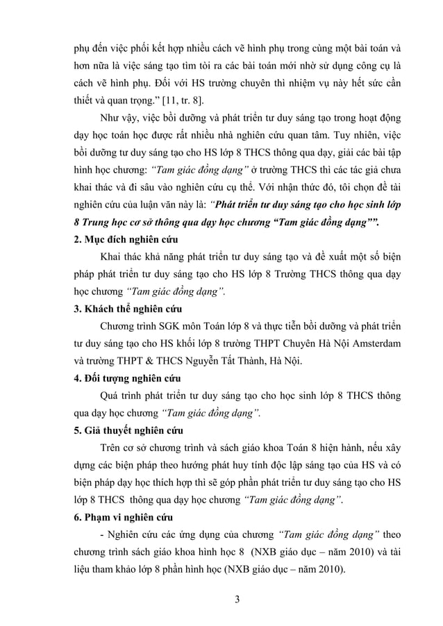 Đề tài: Phát triển tư duy sáng tạo cho học sinh lớp 8 trung học cơ sở thông qua dạy học chương ...
