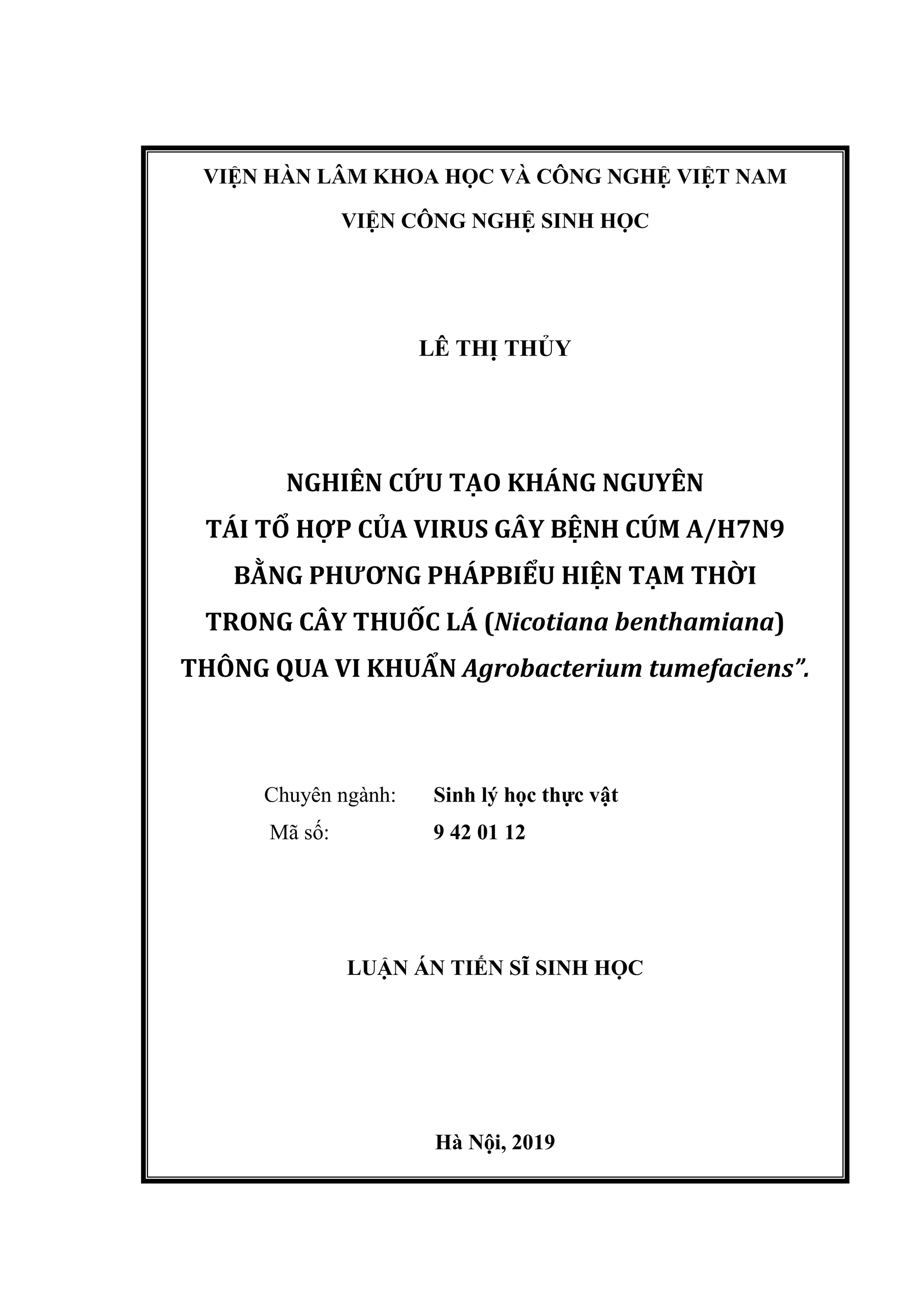 Luận án: Nghiên cứu tạo kháng nguyên tái tổ hợp của virus gây bệnh cúm A/H7N9 bằng phương pháp ...