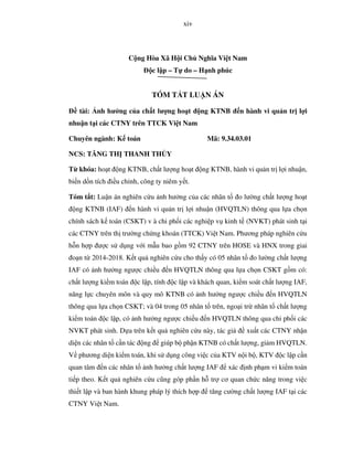 Luận án: Ảnh hưởng của chất lượng hoạt động kiểm toán nội bộ đến hành vi quản trị lợi nhuận tại ...