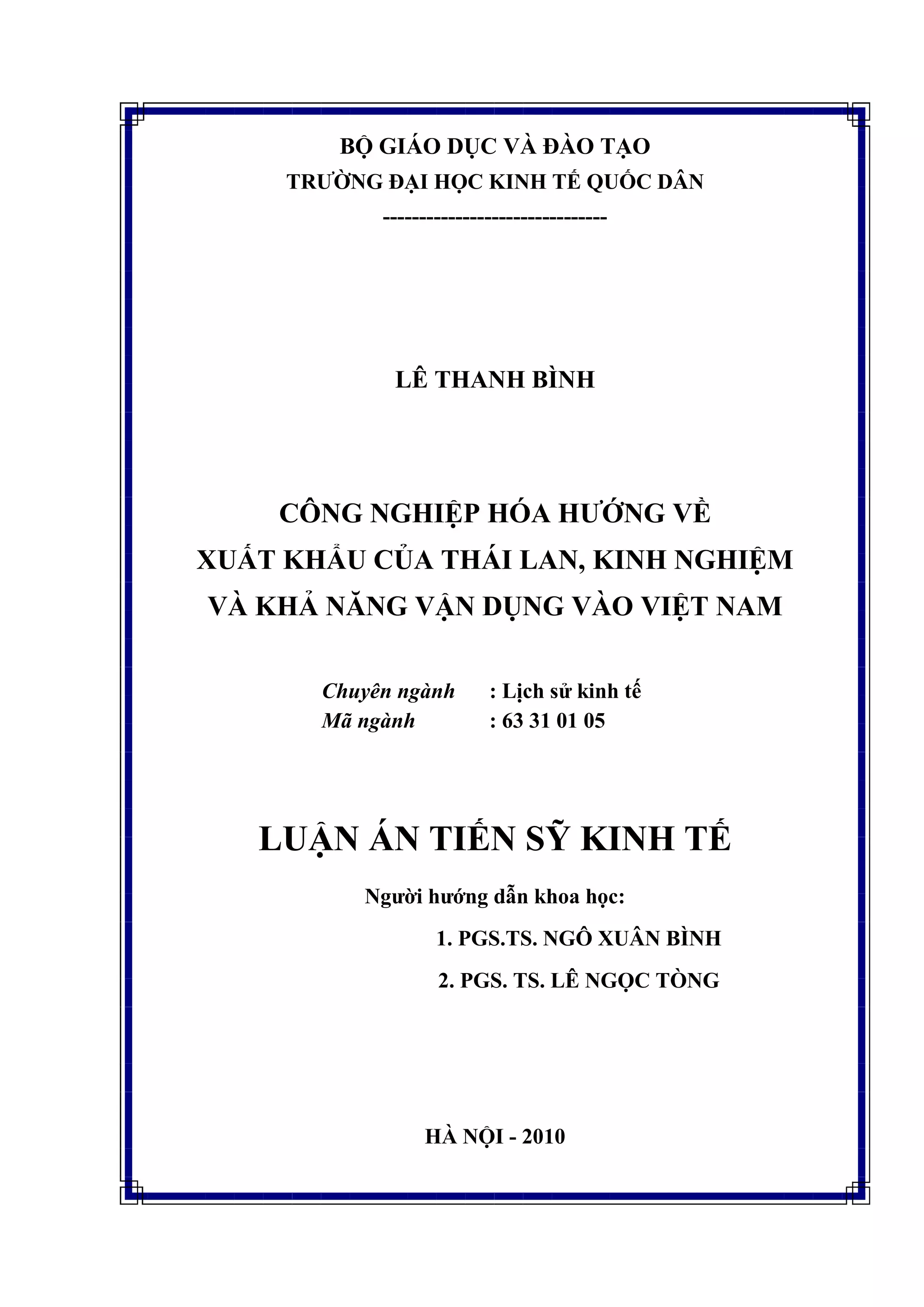 Luận án: Công nghiệp hóa hướng về xuất khẩu của Thái Lan, kinh nghiệm và khả năng vận dụng đối ...