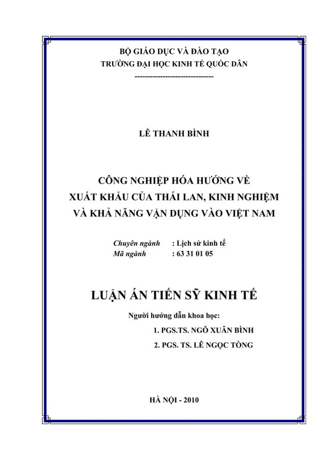 Luận án: Công nghiệp hóa hướng về xuất khẩu của Thái Lan, kinh nghiệm và khả năng vận dụng đối ...