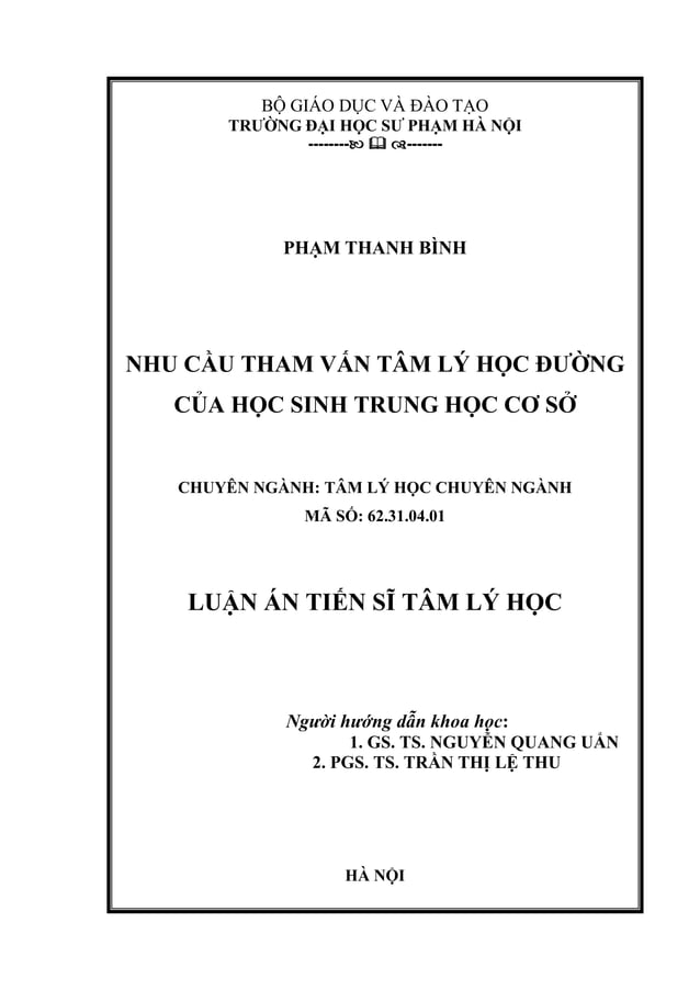 Luận án: Nhu cầu tham vấn tâm lý học đường của học sinh Trung học cơ sở | PDF