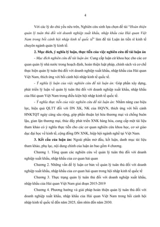 Luận án: Hoàn thiện quản lý tuân thủ đối với doanh nghiệp xuất khẩu, nhập khẩu của Hải quan Việt ...