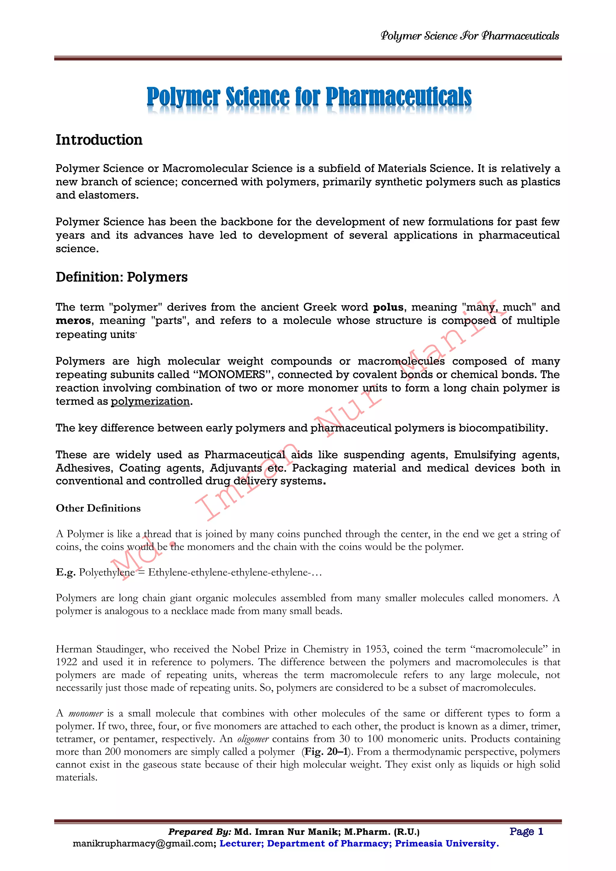 Polymer Science For Pharmaceuticals-MANIK | PDF