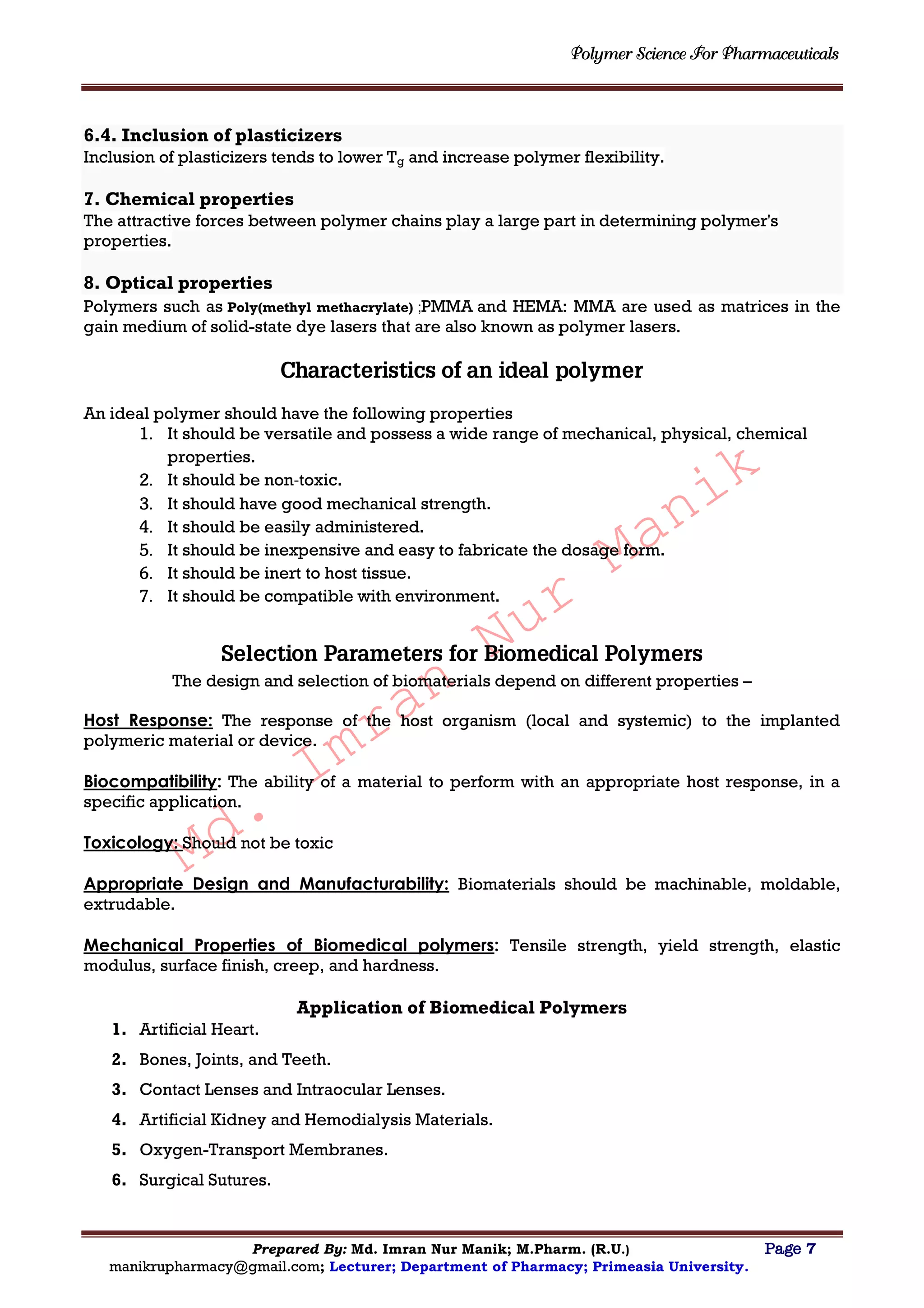 Polymer Science For Pharmaceuticals-MANIK | PDF