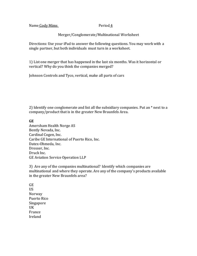 Merger conglomerate-multinational worksheet | PDF Merger conglomerate-multinational worksheet | PDF