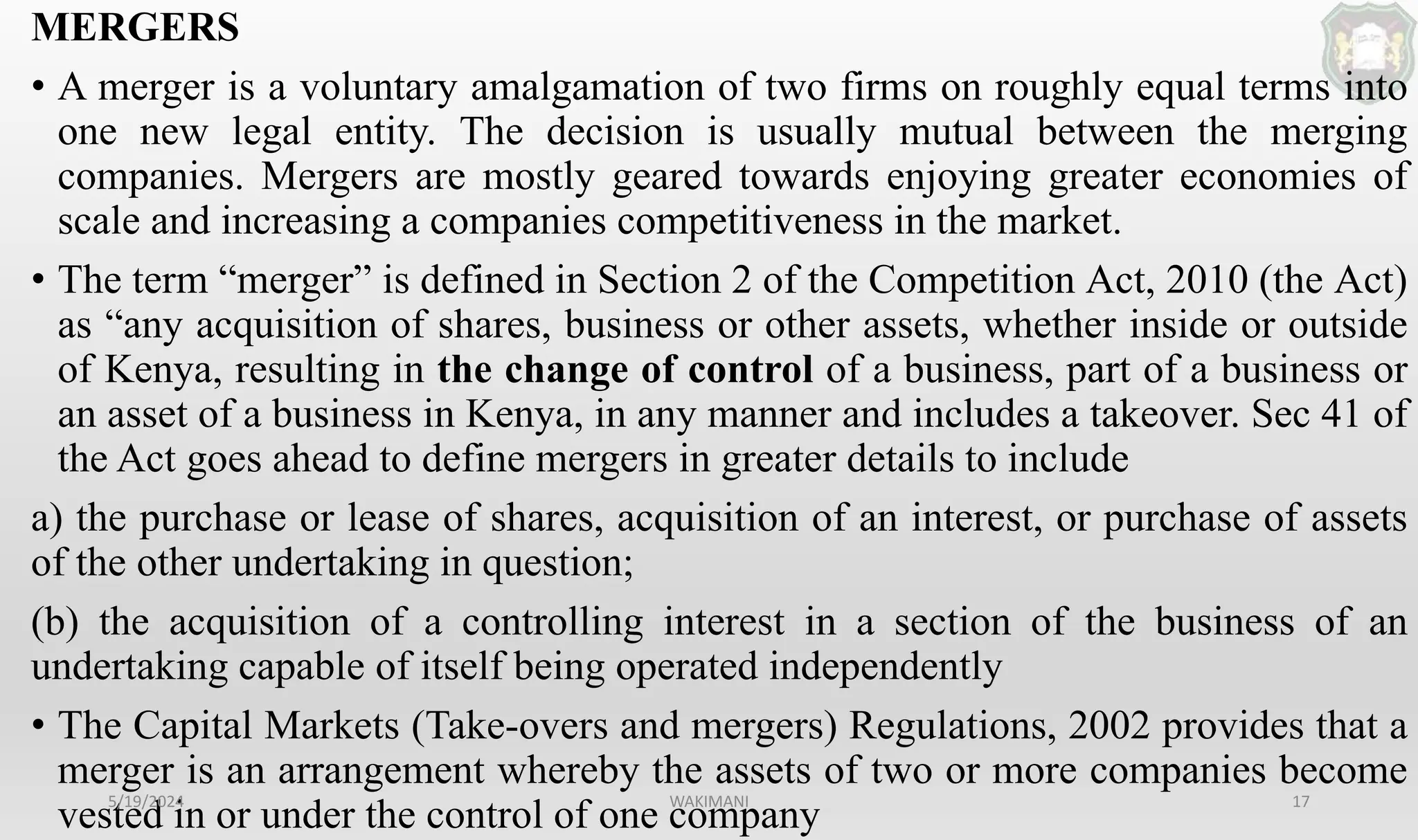 Mergers and Acquisitions in Kenya - An explanation | PPTX