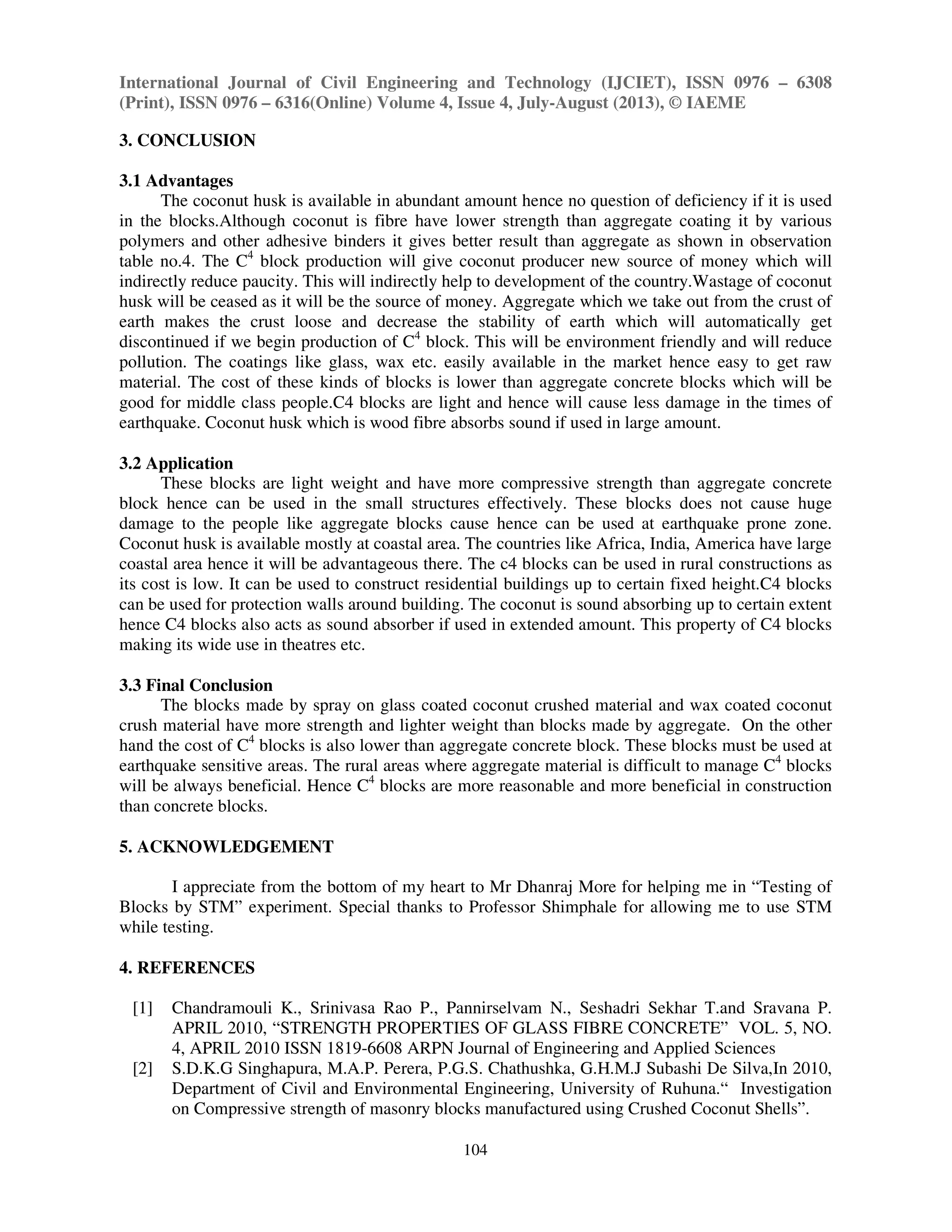 Merits of c4 coated coconut cover crush block over aggregate block | PDF