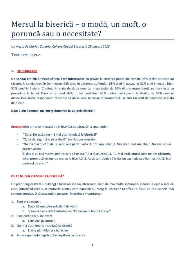 Mersul la biserică – o modă, un moft, o poruncă sau o necesitate? | DOCX