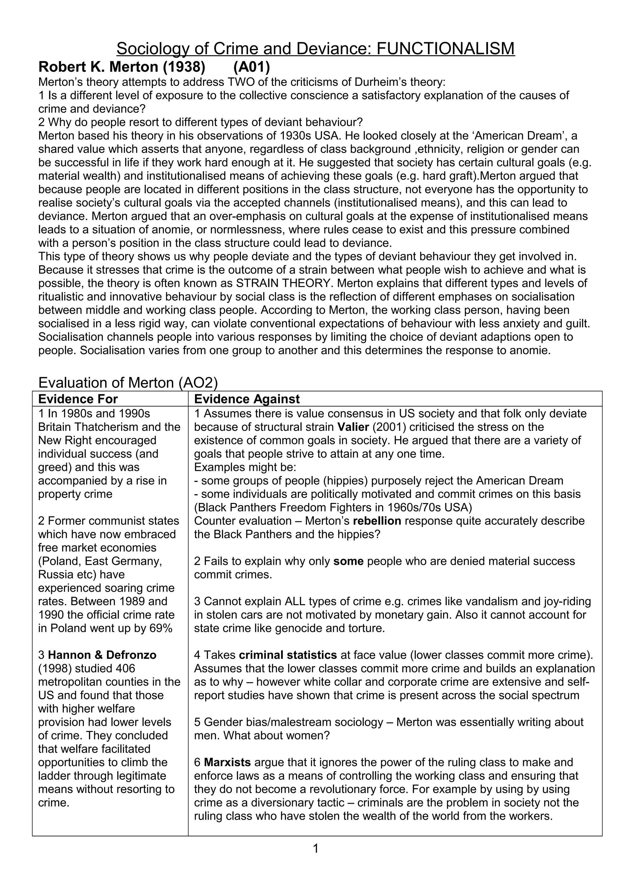 Merton: Strain Theory A01 A02 Handout | DOC