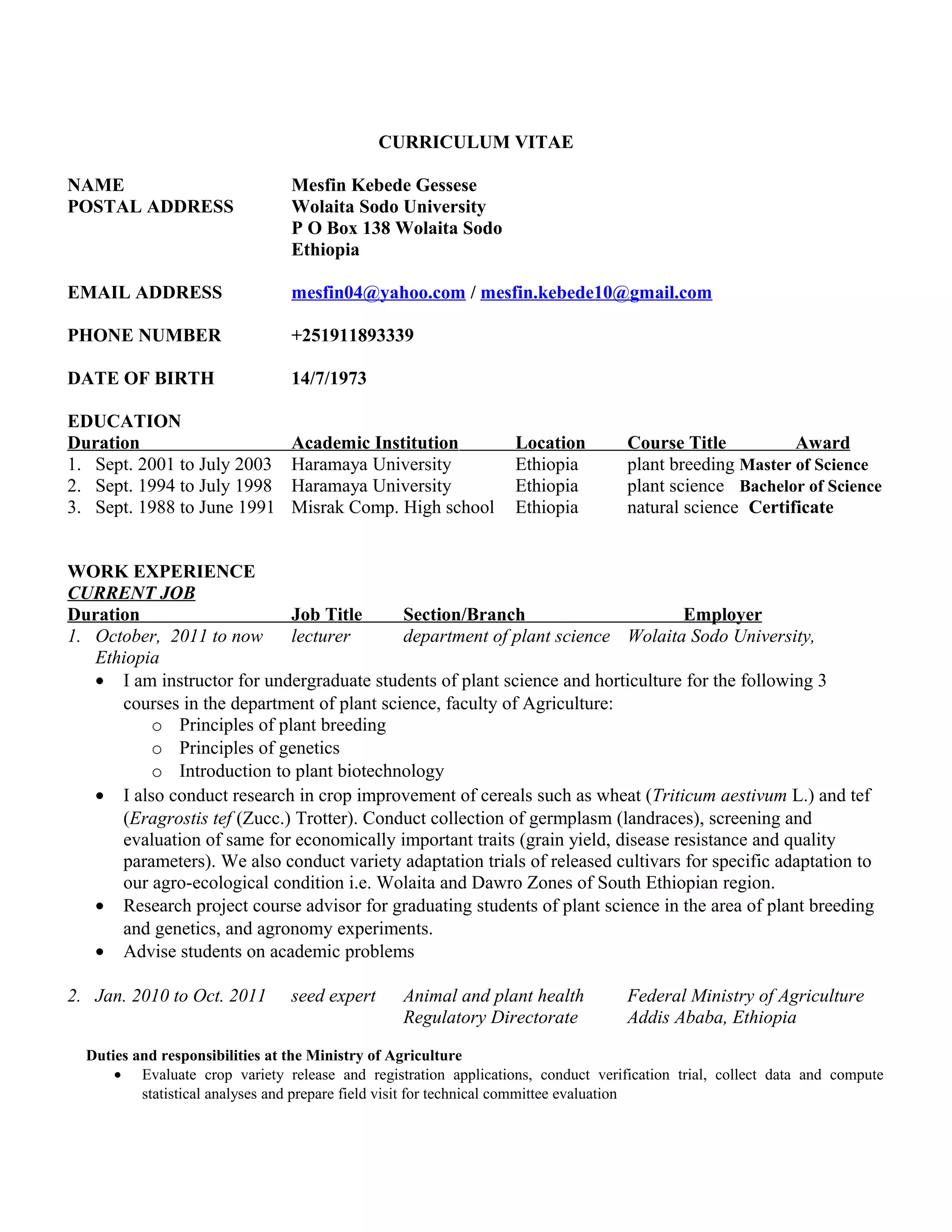 Mesfin g, curriculum vitae | DOC | Agriculture | Industries