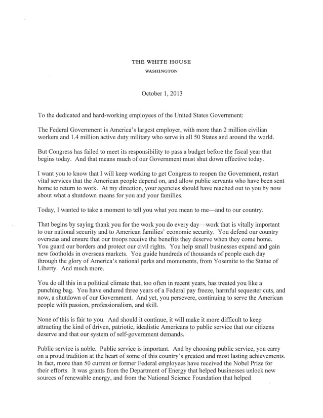 Letter From Obama To US Government Employees | PDF