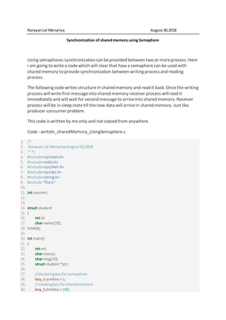 Synchronization of shared memory using semaphores | DOCX