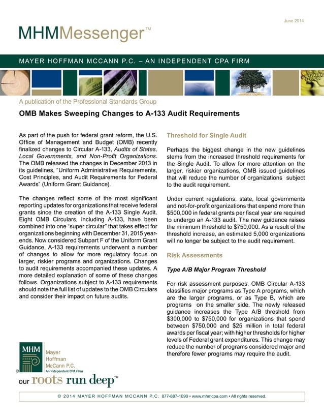 MHM Messenger: OMB Makes Sweeping Changes to A-133 Audit Requirements | PDF
