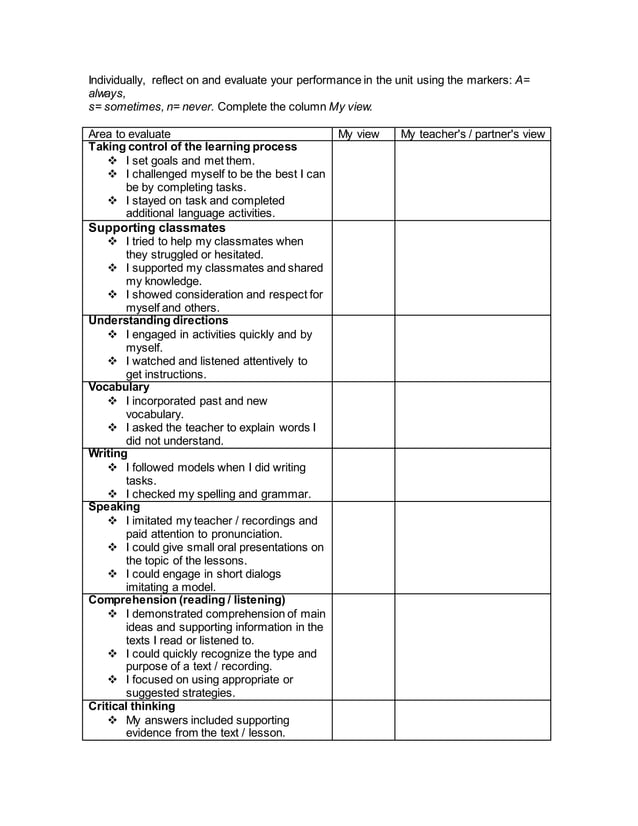 Self-evaluation | DOCX | Educational Assessment | Education
