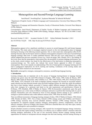 Metacognition and second or foreign language learning | PDF | Educational Assessment | Education