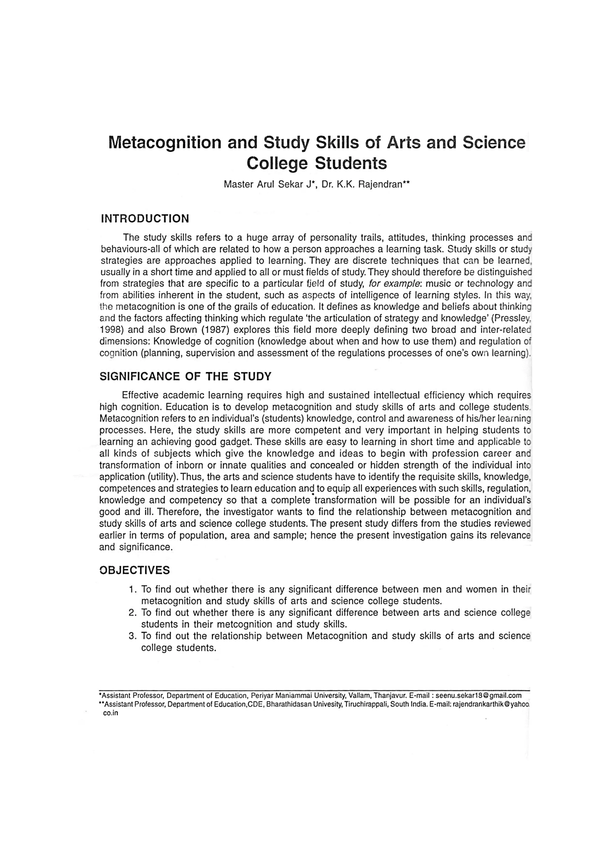Metacognition and study skills of arts and science college students | PDF