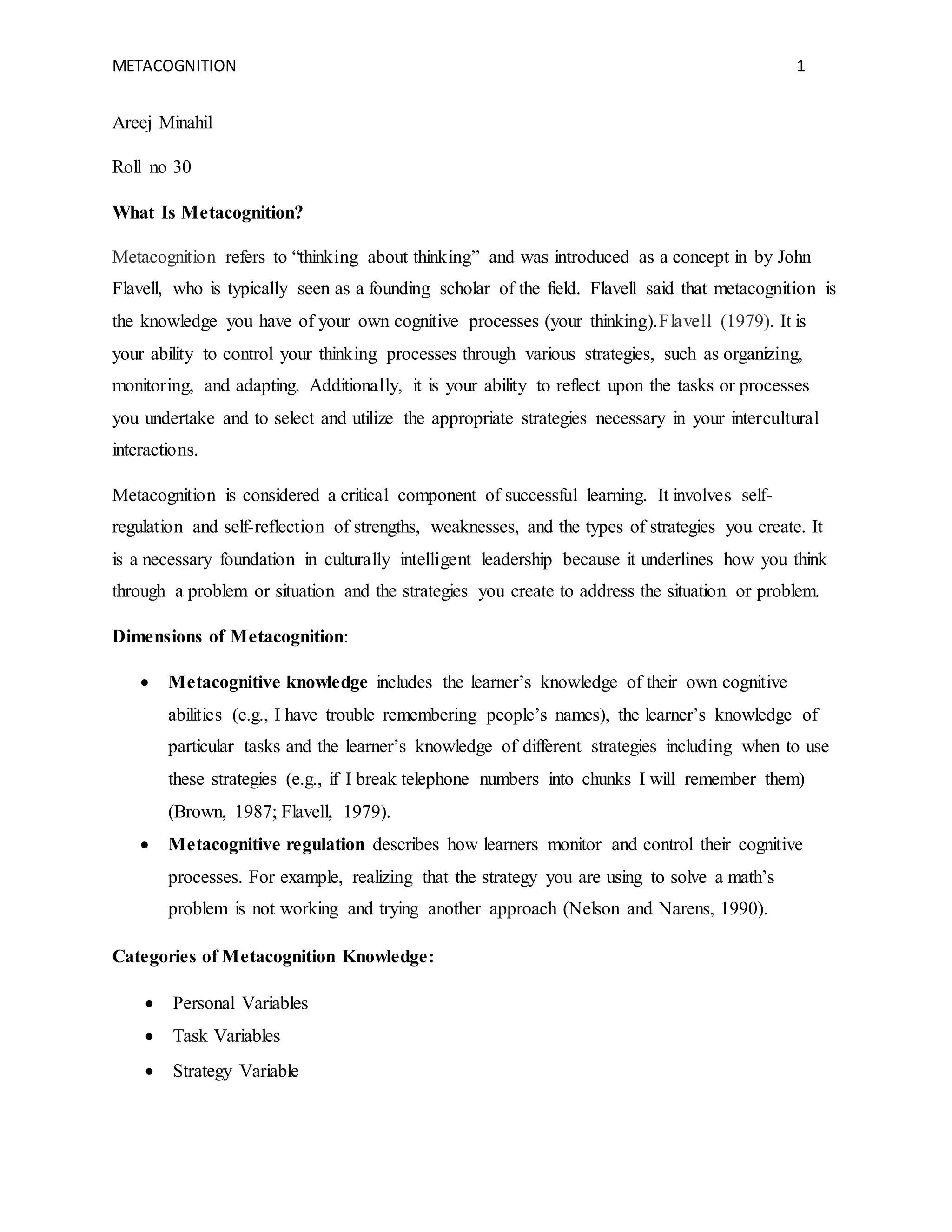 Psychology Report on Metacognition | DOCX