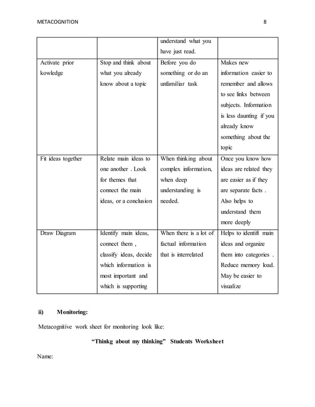 Psychology Report on Metacognition | PDF