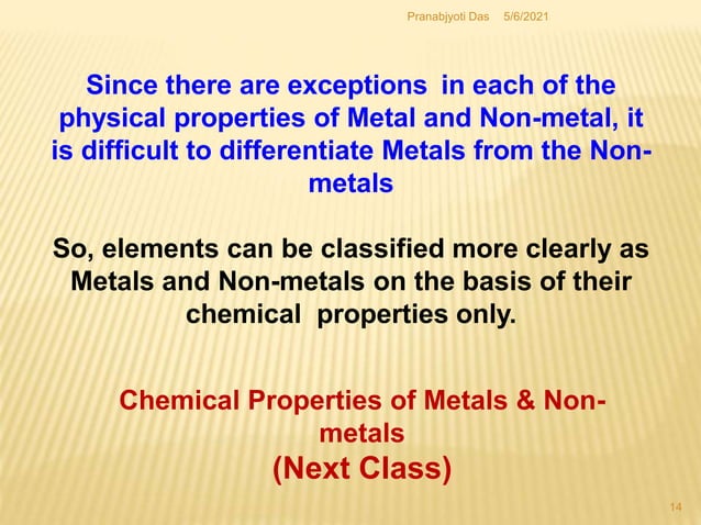 Metal and Nonmetal (Class 10) | PPTX | Chemistry | Science